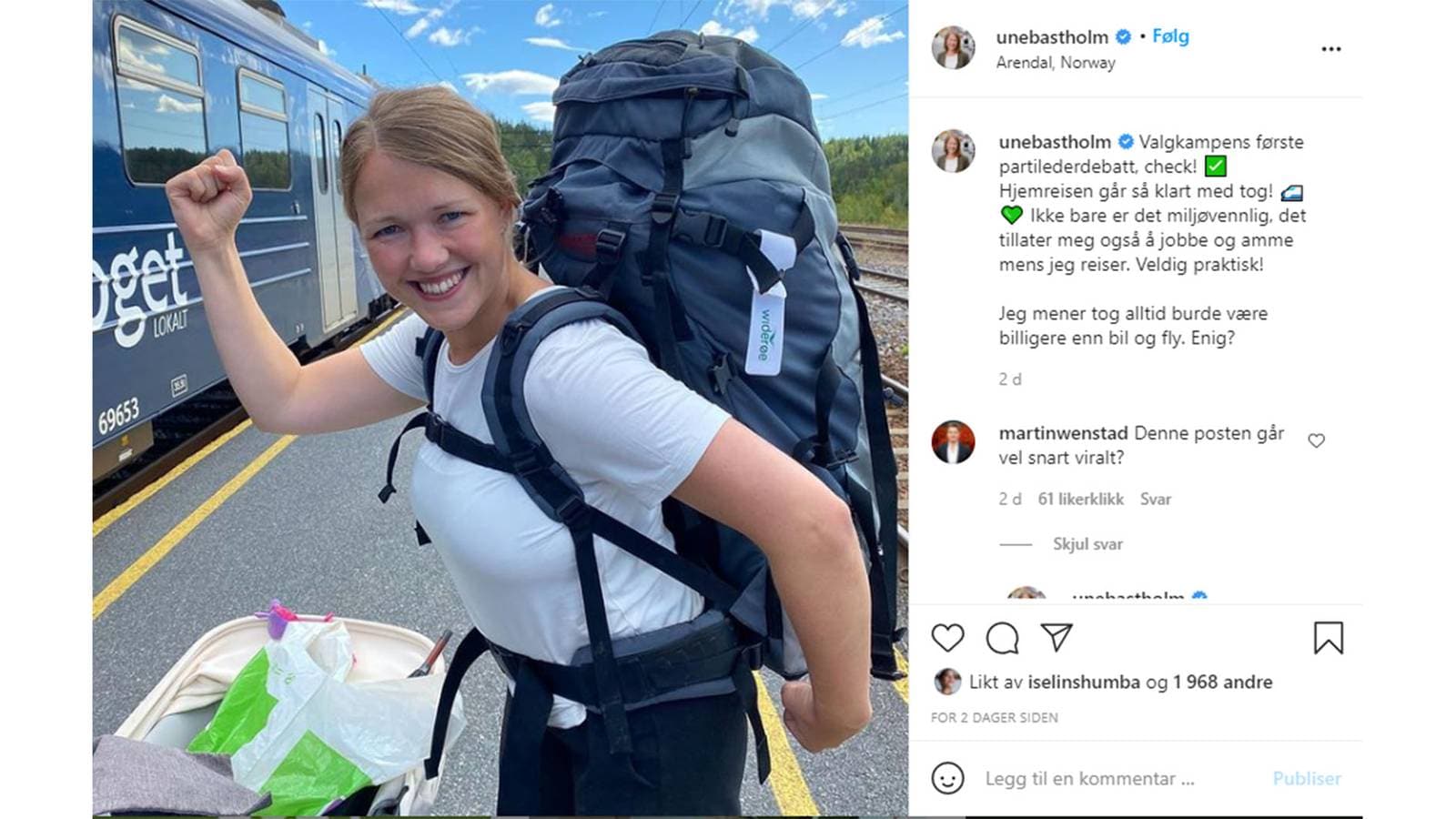 MDG-leder Une Bastholm med støtte til flyselskap Widerøe i togreklame ...