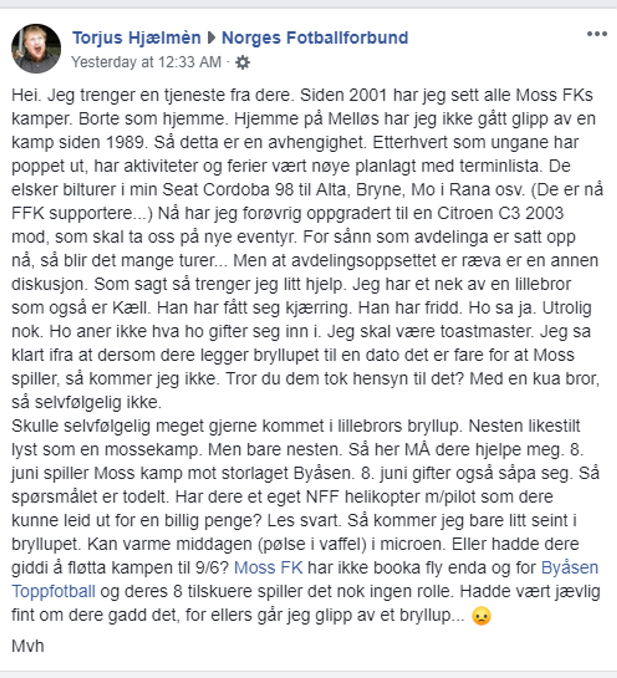 Super-supporter prøver å flytte fotballkamp for å rekke familiebryllup ...