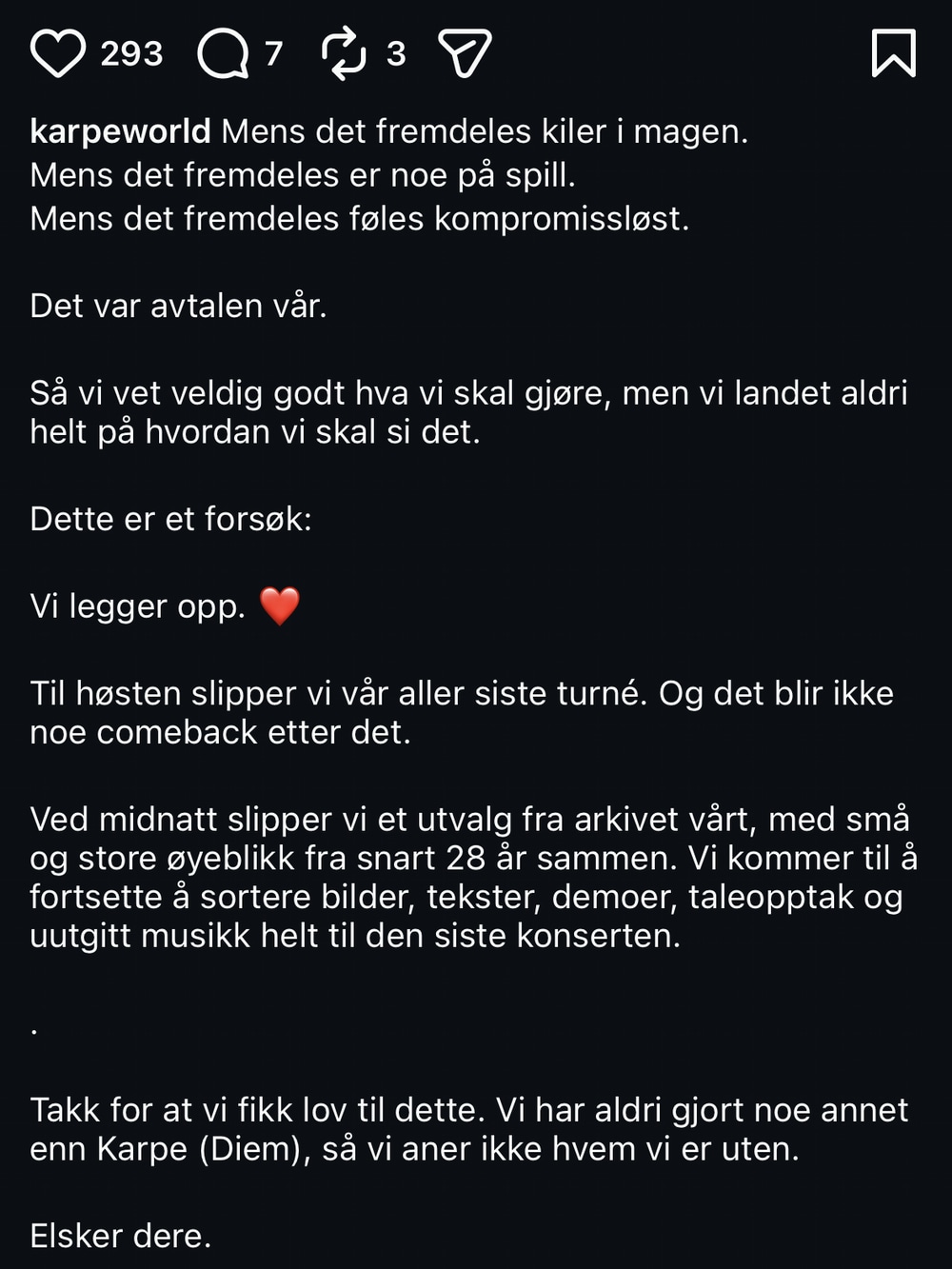 Karpe legger opp: – Takk for at vi fikk lov til dette – NRK Norge ...