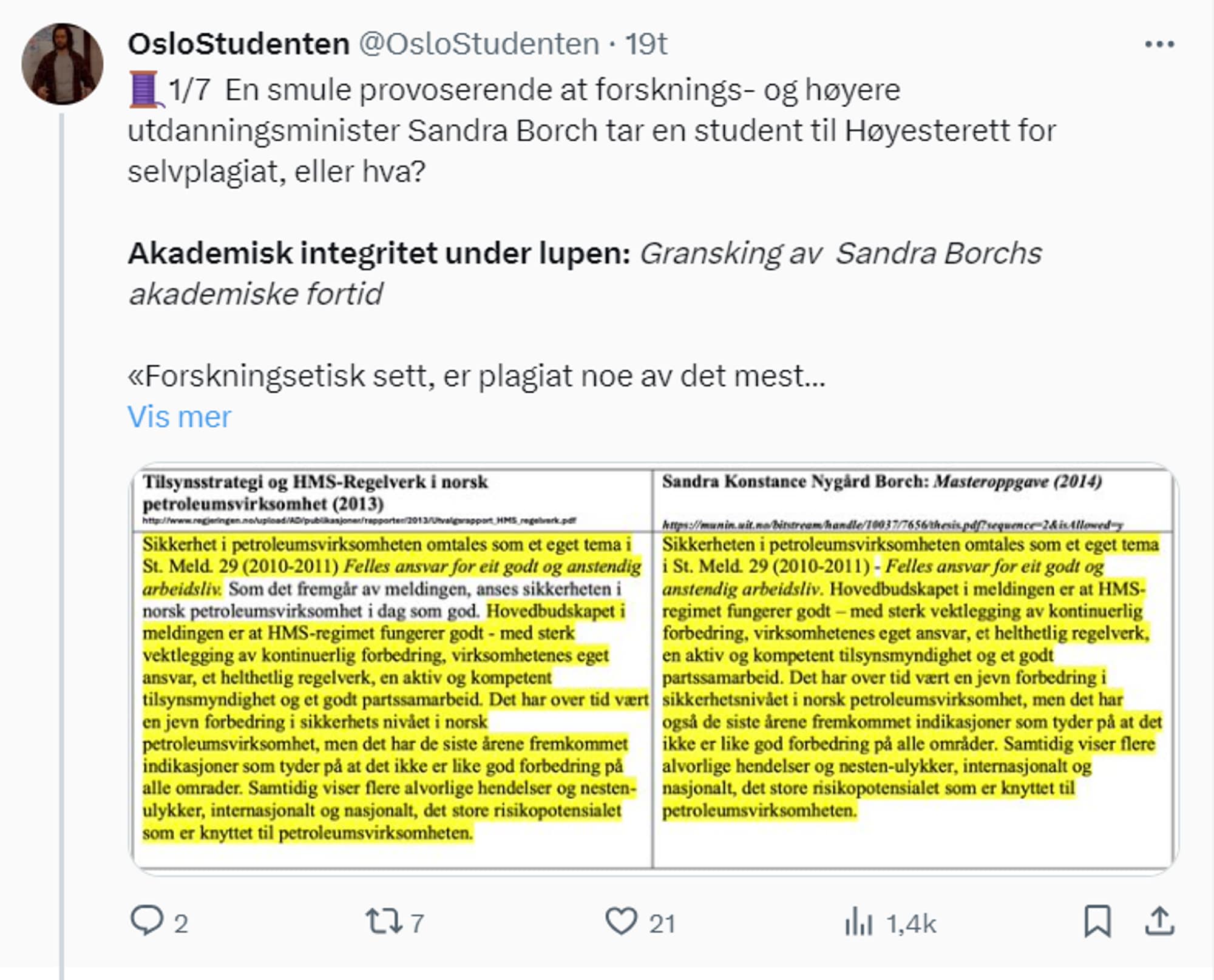 Deler av Borchs masteroppgave identisk med tidligere studenters tekster ...