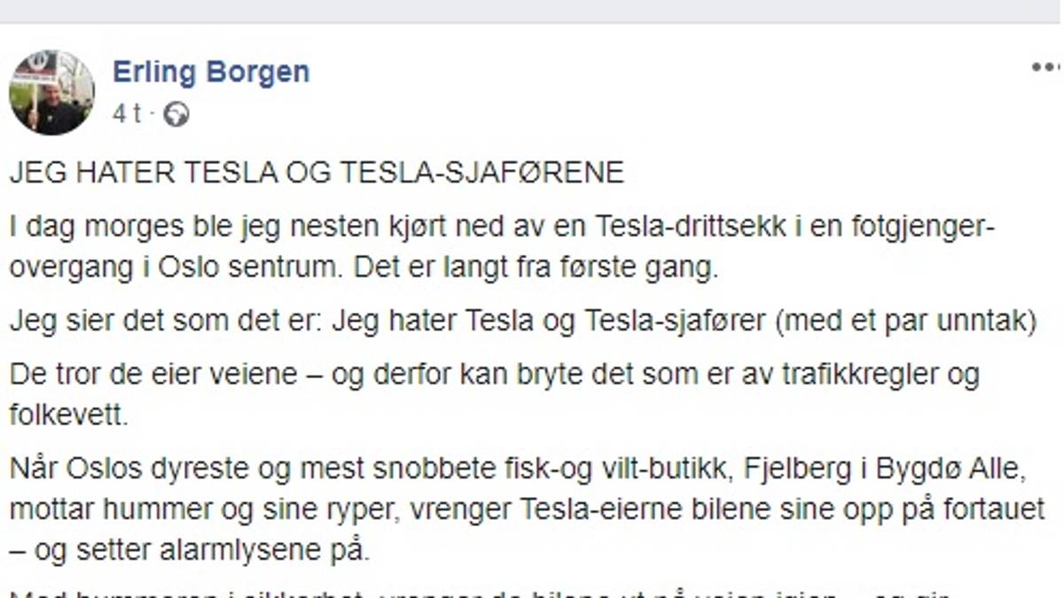 Erling Borgen hater Tesla-sjåfører – Siste nytt – NRK Erling Borgen hater Tesla-sjåfører – Siste nytt – NRK